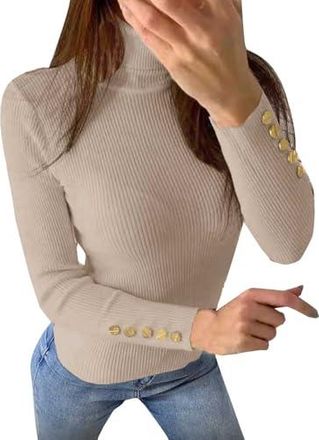 Generic Pull à col haut pour femme - Pull pour femme - Tunique pour femme - Pull tricoté grande taille - Haut pour femme - Pull dautomne pour femme, beige, L