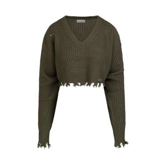 Off the Pitch Femme, Pulls, Vert, Taille: 40 FR Top Court V-Neck Cropped en maille c&ocirc;tel&eacute;e