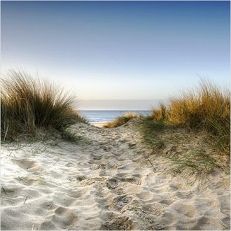 Wallario Glasbild Weg durch die D&uuml;nen zum Strand am Meer - 30 x 30 cm Wandbilder Glas in Premium-Qualit&auml;t: Brillante Farben, freischwebende Optik
