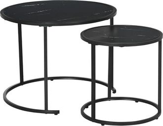HOMCOM Lot de 2 Tables Basses Rondes gigogne avec Plateau Aspect marbre en Bois et Table dappoint empilable, Pieds en m&eacute;tal Noir