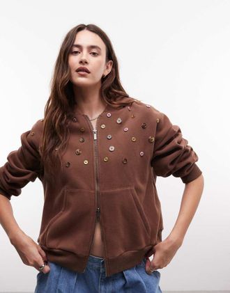 Daisy Street Sweat &agrave; capuche zipp&eacute; en jersey avec boutons - Marron