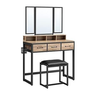 Vasagle Coiffeuse, Table de Maquillage avec Tabouret Rembourré, avec Miroir Triple, 3 Tiroirs, Porte-sèche-Cheveux, Pot, Style Industriel, Marron Boisé et Noi