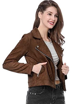 Allegra K sourcing map Veste courte pour femme Soft Moto Poches zipp&eacute;es Vestes de motard en faux su&egrave;de Marron fonc&eacute; L