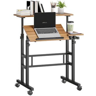 HOMCOM Steh-Sitz-Schreibtisch, h&ouml;henverstellbarer Schreibtisch 70 x 60 cm, Computertisch auf Rollen mit neigbarer Tischplatte, Arbeitsplatz f&uuml;r Schlafzimmer,