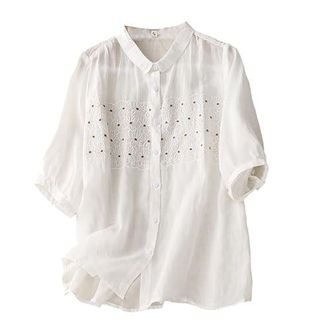 Generic Haut &agrave; manches 3/4 en lin pour femme, chemise boutonn&eacute;e, &eacute;l&eacute;gante, florale brod&eacute;e, r&eacute;tro, l&eacute;g&egrave;re, fluide, blanc, M