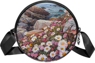 Generic Sac &agrave; bandouli&egrave;re rond pour femme, motif fleurs et roches, petit sac &agrave; bandouli&egrave;re avec fermeture &eacute;clair, bretelles r&eacute;glables, sac &agrave; main rond d&eacute;contr