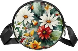 Generic Petit sac &agrave; bandouli&egrave;re circulaire pour femme, motif feuilles florales, sac &agrave; dos avec fermeture &eacute;clair, bretelles r&eacute;glables, sac &agrave; main rond d&eacute;contra