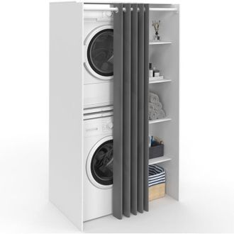 IDMarket Meuble de buanderie double machine &agrave; laver avec rideau coulissant WALLIS blanc