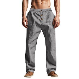 Generic Pantalon de jogging pour homme l&eacute;ger : pantalon en lin avec taille &eacute;lastique pantalon d&eacute;t&eacute; avec bouton vers le bas pantalon &agrave; enfiler jambe droite pan