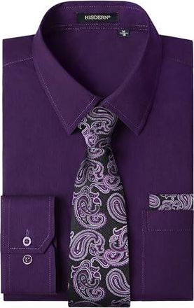 Hisdern Chemise Violet Homme Manches Longues Chemises Habill&eacute;e avec Cravate Mariage Casual avec Poche Business Regular Slim Fit XL