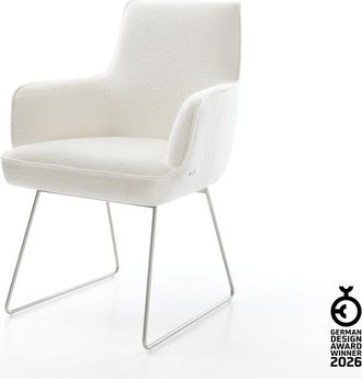 DELIFE Esszimmerstuhl Heira-Flex mit Armlehnen Boucl&eacute; Soft Beige Kufengestell Edelstahl Taschenfederkern, Esszimmerst&uuml;hle