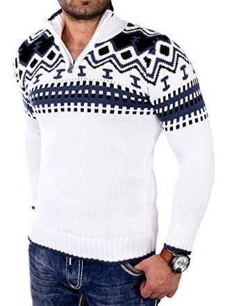 Reslad Pull dhiver en tricot à col rond et fermeture éclair pour homme - Pull norvégien RS-3110, Blanc., XXL