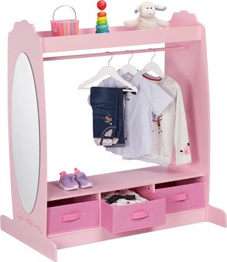 Relaxdays Kleiderständer Kinder, 5 Fächer, Kleiderstange Kinderzimmer, Haken und Spiegel, HBT: 107 x 97,5 x 61 cm, rosa