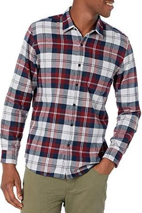 Amazon Essentials Chemise en flanelle à manches longues pour homme, motif écossais boutonné coupe ajustée, motif écossais gris bordeaux, taille XS
