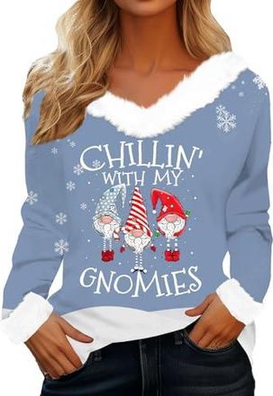 Generic Chemises pour femmes - Chemises de Noël à manches longues pour femme - Automne et hiver - Col en peluche - Imprimé de Noël - Ample - Décontracté - T-s