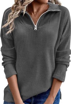 Generic Fccrian Pull pour femme - Manches longues - Col en V - Fermeture éclair - Col polo - Décontracté - Classique - Uni - Léger - Pour lautomne et lhiver -