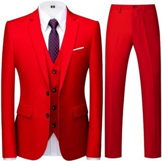 AlltheMen Costume Homme Mariage 3 Pièces Slim Fit Smoking Costume Couleur Unie Deux Boutons Formel Veste Gilet et Pantalon Rouge XXL