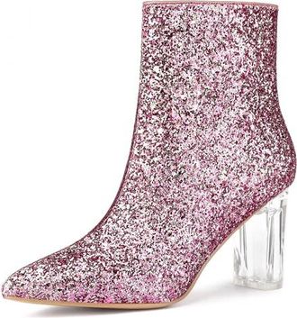 Allegra K Bottines &agrave; talon &eacute;pais &agrave; bout pointu paillet&eacute; pour femme, rose, 41 EU