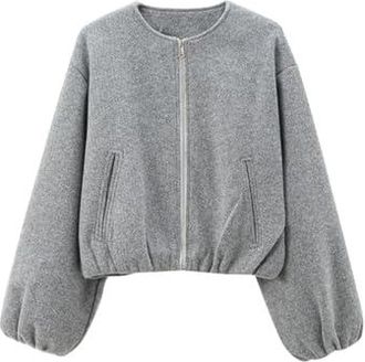 Generic Blouson aviateur r&eacute;tro doux for femme, col rond, manches longues, ourlet &eacute;lastique et fermeture &eacute;clair(gris,xs)