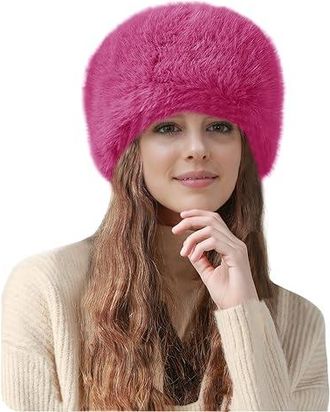 Lina & Lily Chapeau Femme Hiver en Fausse Fourrure, Bonnet Toque de Style Russe (Rose Foncé)