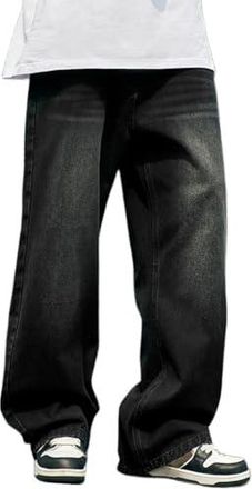 ORANDESIGNE Baggy Jeans Homme Coupe Droite Hip Hop Denim Pantalons à Imprimé Étoiles Lâche Fit Jambe Droite Pantalon Rétro Y2K Streetwear Unisexe Q Gris Foncé S