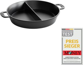 AMT Gastroguss Klaus grillt Gro&szlig;raum - Grillpfanne f&uuml;r Garten und Grill mit Mittelsteg, &Oslash; 50 cm, 7 cm hoch, Aluguss mit Lotan Antihaft-Veredelung, Ausf&uuml;hrung geteilt