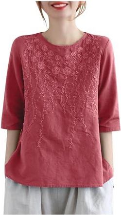 Generic T-shirts en gaze pour femme - Tunique r&eacute;tro &agrave; col rond brod&eacute; &agrave; manches mi-longues en coton et lin - T-shirt ample de couleur unie - Grande taille - T-