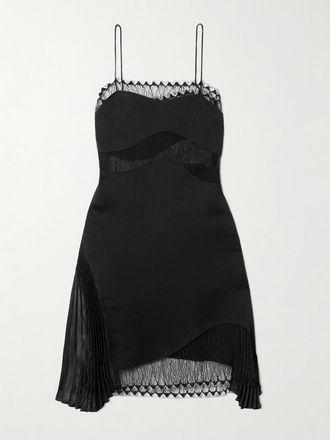 Victoria Beckham Minikleid Aus Glänzendem Crêpe Mit Chiffon- Und Spitzenbesätzen Sowie Plissee - Schwarz