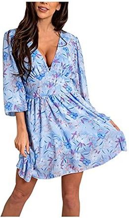 Generic Robe boh&egrave;me 2026 pour femme, robe maxi boh&egrave;me &agrave; imprim&eacute; floral, &eacute;t&eacute;, d&eacute;contract&eacute;, cocktail, plage, bleu, XL