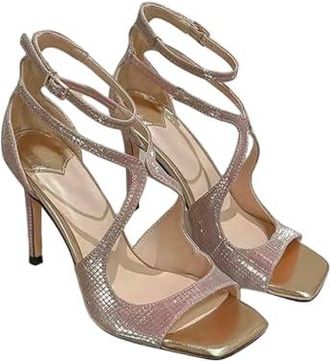 Generic YUJIEBB Sandales de gladiateur en cuir verni &agrave; bout ouvert pour femme avec sangle de cheville et bride de cheville Dor&eacute; Chaussures de f&ecirc;te d&eacute;t&eacute;, rose,