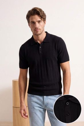 Trendyol MAN Herren Schwarz Einfarbig Kurz Slim Poloshirts