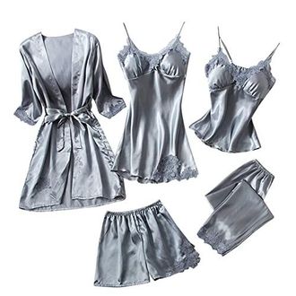 Generic Pyjama Femme Satin de Soie Unisexe Grande Taille 4 Pi&egrave;ces Ensembles de Pyjama Short et Caraco Lingerie Sexy Automne Hiver Manche Longue V&ecirc;tements de N