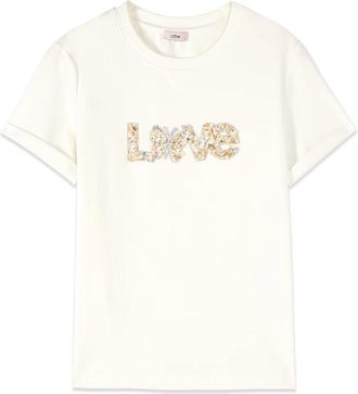Oltre T-Shirt mit juwelenbesetztem Schriftzug - - Tops - Damen - Wei&szlig; - M