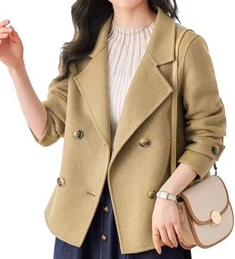 Generic Manteaux cabans pour femmes, veste blazer courte en laine à double boutonnage, mode automne-hiver, revers, manches longues, trench-coat décontracté