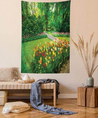 Abakuhaus Garten Wandteppich, Garten mit Tulpenblumen und Bäumen Frühling in Keukenhof Niederlande Europa, aus Weiches Mikrofaser Stoff Wand Dekoration Für Schl