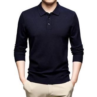 Generic Polo décontracté à manches longues et revers pour homme - Pour le travail, le golf, le tennis - Pull boutonné, bleu marine, XL