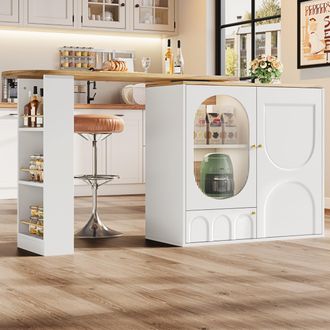Generic 360° drehbarer Bartisch mit Stauraum, Kücheninsel mit DREI Türen und herausnehmbarem Regal, Stehtisch mit Glas- und Holzdesign, für Küche, Wohnzimmer 