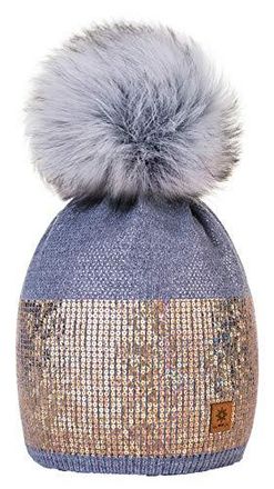 4sold Lady Bonnets Bonnet Fourr&eacute; Hiver pour Femme Bonnet Tricot&eacute; et Gros Pompon Coloris Taille Unique Small Crystals Sequins (Gris)