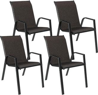 OUTSUNNY Lot de 4 chaises de Jardin empilables, Fauteuil dext&eacute;rieur avec accoudoirs et rev&ecirc;tement en r&eacute;sine tress&eacute;e Effet rotin Marron