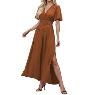 Generic Robe d&eacute;t&eacute; &eacute;l&eacute;gante pour femme avec col en V et taille longue avec manches pliss&eacute;es, fente lat&eacute;rale et volants pour soir&eacute;e de mariage, or, XXL