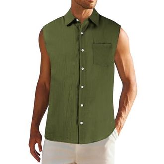 Generic Chemise dentra&icirc;nement en coton et lin pour homme - Style d&eacute;contract&eacute; et tendance - Couleur unie - Sans manches - En coton et lin - Col simple boutonna