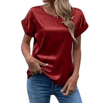 Generic Chemisier en satin de soie pour femme, col rond, manches courtes, tenue d&eacute;contract&eacute;e, haut &agrave; manches courtes, t-shirt &agrave; col rond, Rouge, XXL