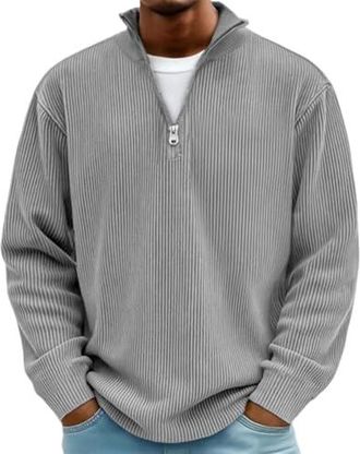 Generic Chemise à col montant côtelée simple et décontractée pour homme, polo élégant en velours côtelé à fermeture éclair quart de longueur, chemises dhiver 