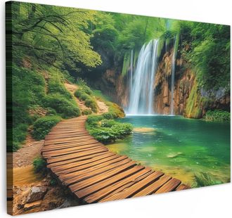 MuchoWow © Bild auf Leinwand Groß 120x80 cm XXL Schlafzimmer Bilder Badezimmer Wand Deko Wohnzimmer Modern Wanddeko Bilderwand Geschenk Wasserfall - Dschungel 
