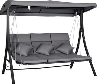 OUTSUNNY Hollywoodschaukel 3-Sitzer, Schaukelbank mit Verstellbarem Sonnendach, Gartenschaukel mit Kissen, bis 270 kg Belastbar, Metall, Texteline, Grau, 200 x