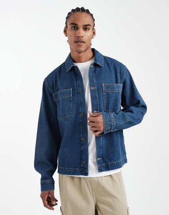 Asos Lang&auml;rmliges Jeanshemd in verwaschenem Dunkelblau mit Farbstich-Marineblau