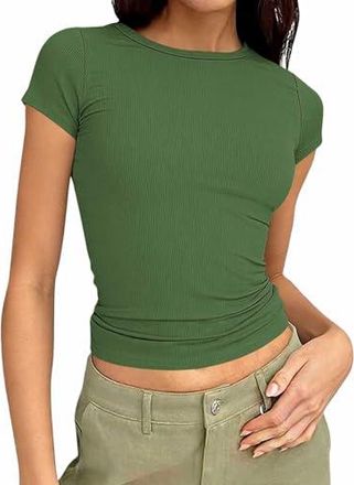 Generic T-shirt Y2K c&ocirc;tel&eacute; pour femme - Coupe ajust&eacute;e - Pull en tricot c&ocirc;tel&eacute; &eacute;l&eacute;gant - Col rond - Couleur unie - Manches courtes - &Eacute;t&eacute; - Haut c&ocirc;tel&eacute; - Haut t