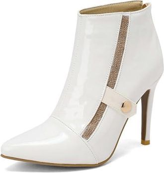 Generic Bottines à talon aiguille pour femme avec fermeture éclair latérale et strass, blanc, 38.5 EU