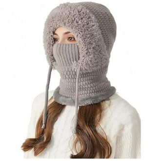 Generic Bonnet 3 en 1 avec écharpe et masque, cagoule tricotée pour femme avec doublure en polaire pour lextérieur, lhiver, chapeau tricoté chaud, gris, Taill