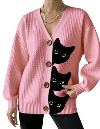 Generic Cardigan ample &agrave; imprim&eacute; chat dHalloween pour femme avec style dautomne et tissu tricot&eacute; confortable, rose, XXL